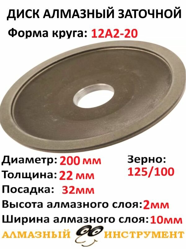 Круг алмазный 12А2-20 200х10х2х22х32 В2-01 АС4 125/100