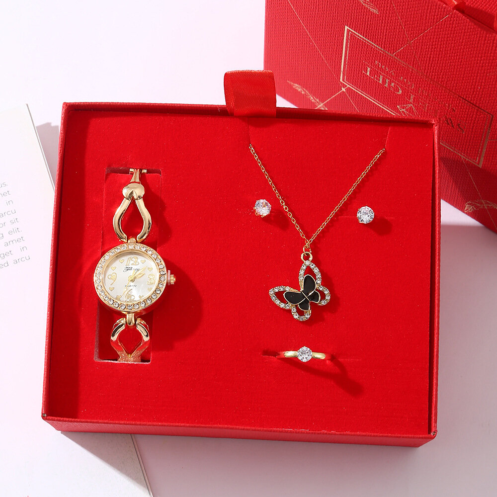Подарочный набор ко Дню матери и Женскому дню, ювелирный набор в форме сердца, золотое ожерелье, часы, кольцо в подарочной коробке, набор в стиле легкой роскоши.