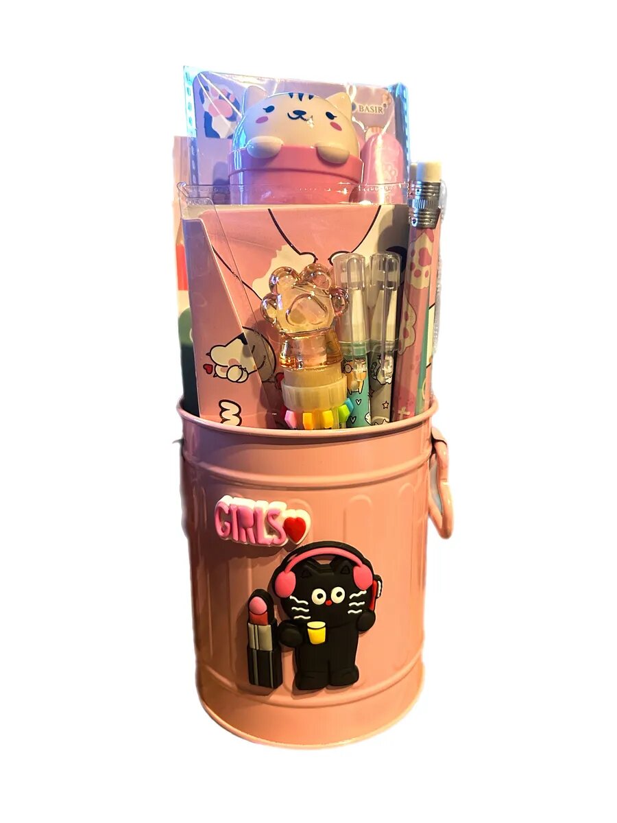 Канцелярский набор в металлическом стакане "Котик лапка", для школы, подарочный, розовый