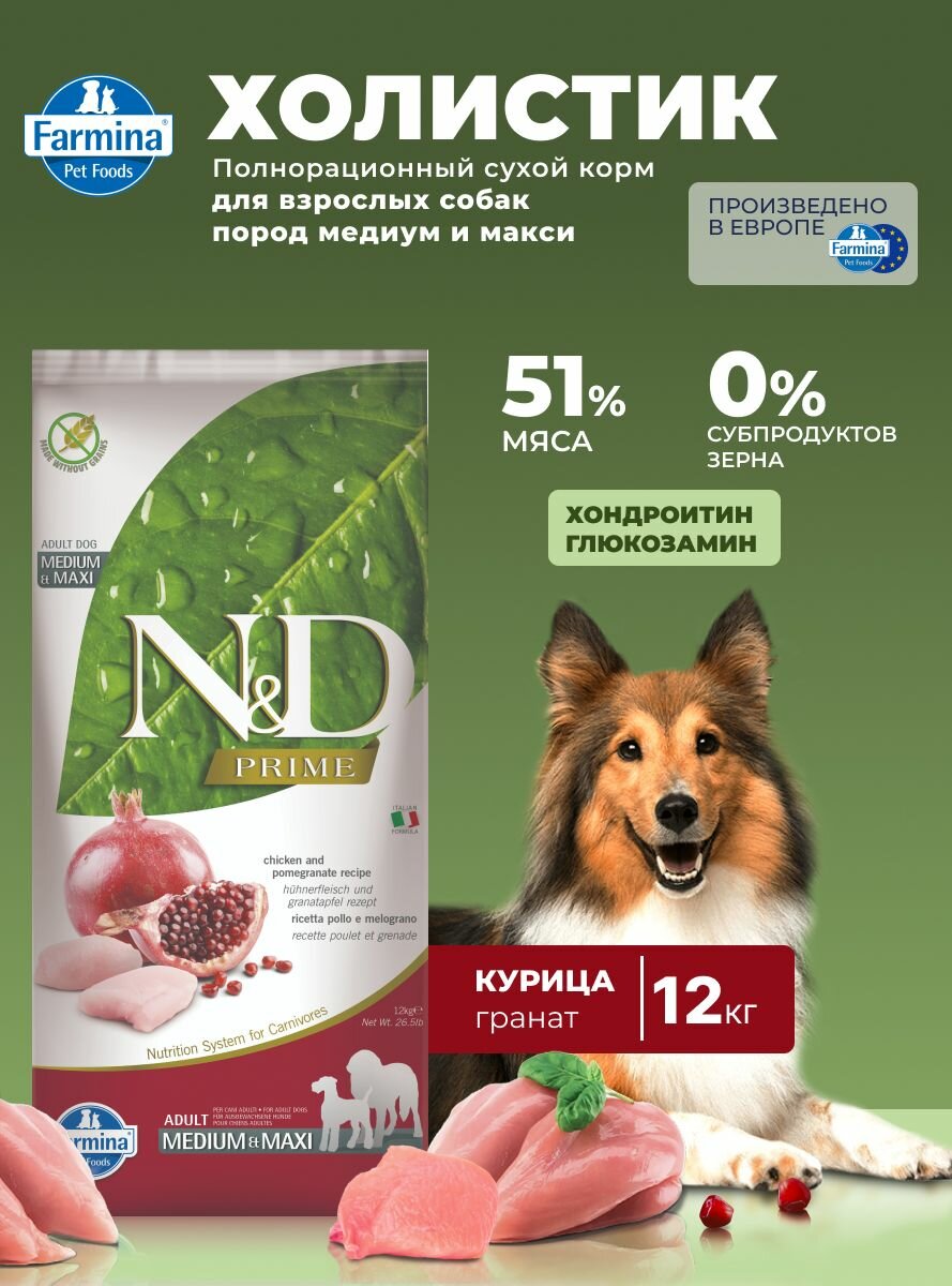 Сухой корм Для собак Медиум Макси 12 кг Курица индейка Farmina ND Prime Для взрослых собак