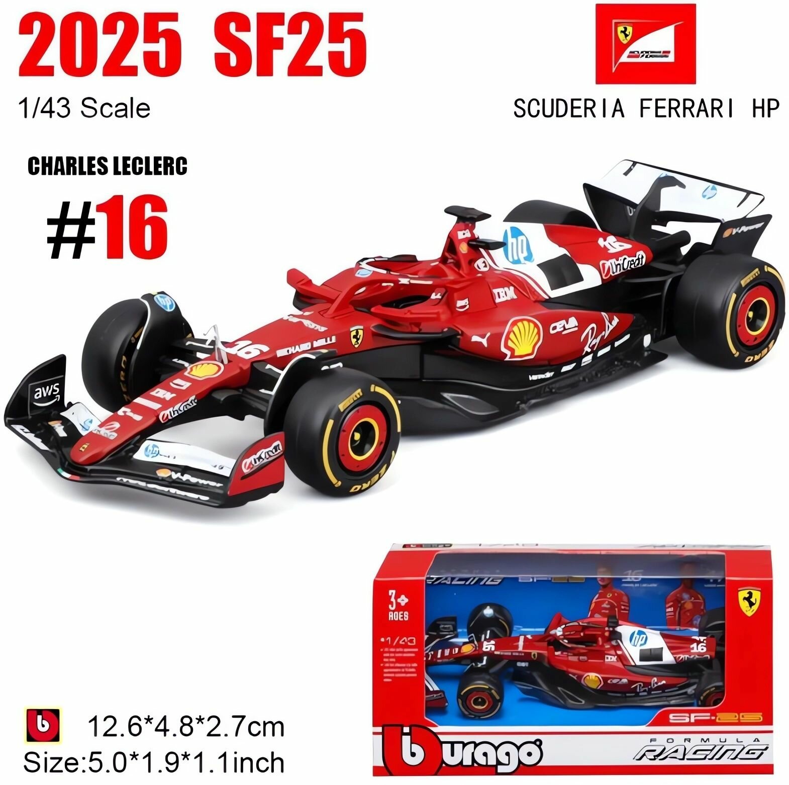 Коллекционная модель "Bburago" болида "Феррари". Шарль Леклер ("Ferrari SF-25" №16) Формула-1, сезон 2025. Масштаб 1:43