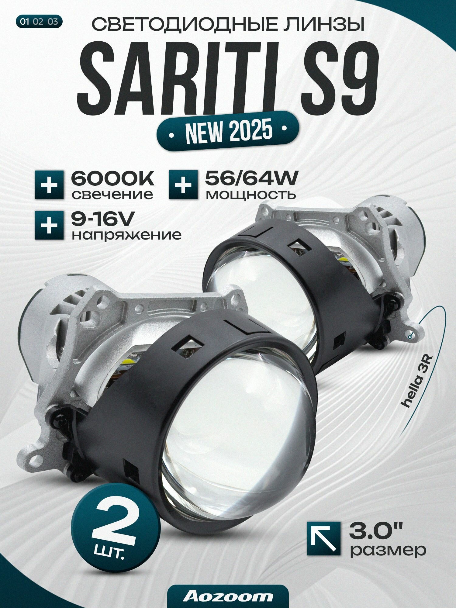 Светодиодные Bi-LED модули S9 2025 3.0 56/64W , Линзы в фары Аозум 2 чипа 2 отражателя