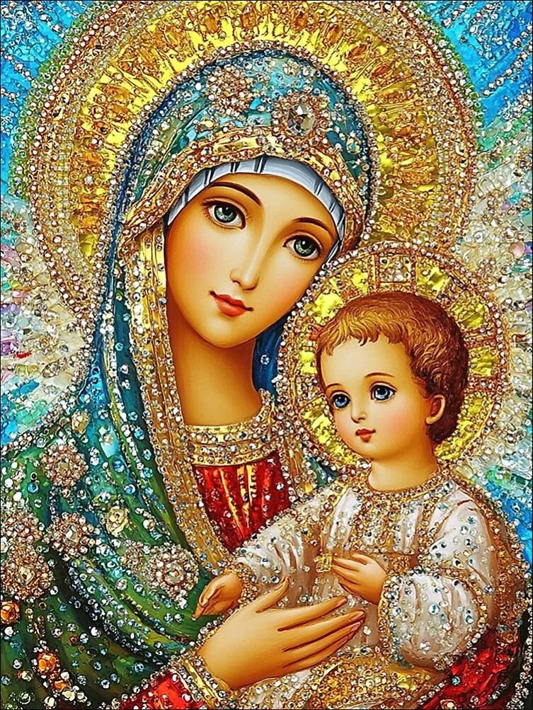 Алмазная картина "Богородица с Младенцем", 30x30 см. Православная икона, золотые узоры.
