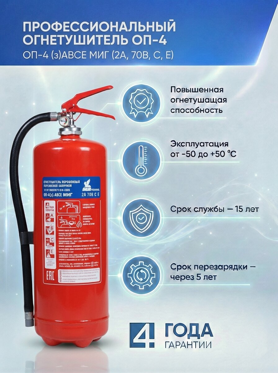 Огнетушитель автомобильный МИГ ОП-4 МИГ(2А, 70В), порошковый, ручное срабатывание