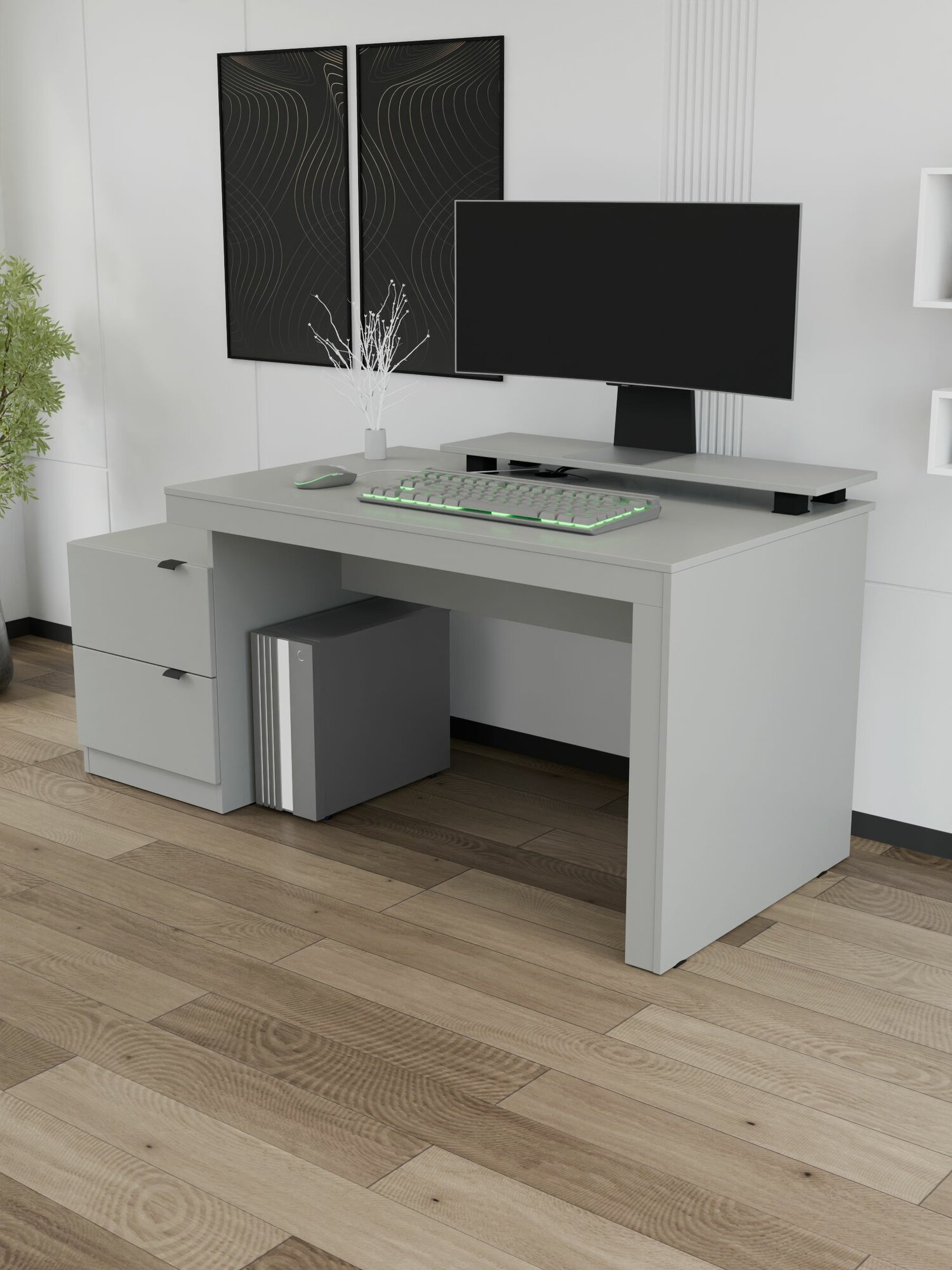 Изумлит Стол компьютерный для офиса и дома Вертикаль Компакт Лайт 165х73х74.5 см, тумба слева, шиншилла серая