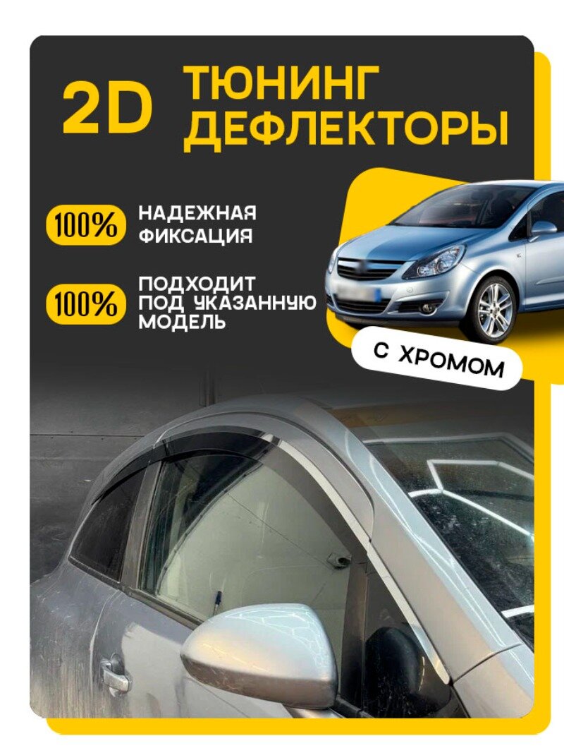 Плоские тюнинг дефлекторы для Opel Corsa D купе (2006-2014) / Ветровики на Опель Корса Д купе. Комплект 6 шт + хром