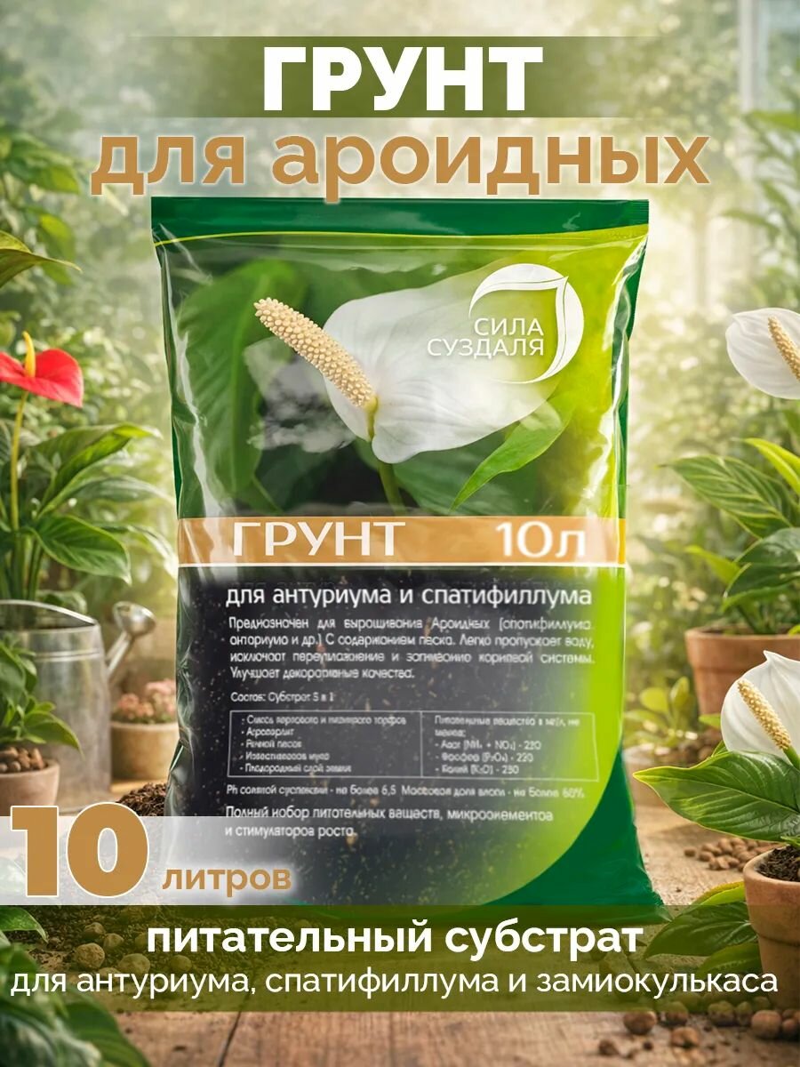 Грунт для антуриума и спатифиллума на основе торфа, Сила Суздаля, 10 литров