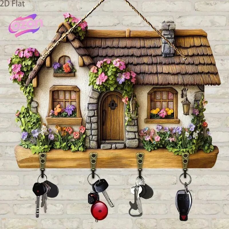 Ключница настенная в виде дома с 4 крючками, 1 шт. Деревянная ключница, 30x30 см