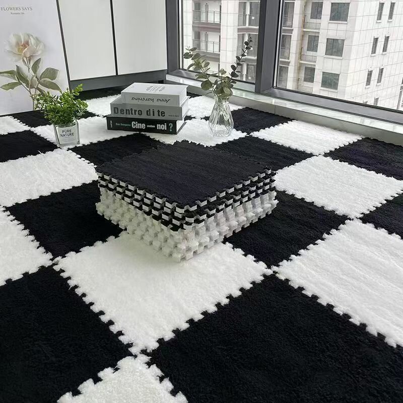 Пушистый ковер у кровати, чёрный + белый размер 30x30 см, 10шт.（плюшевый ковер）