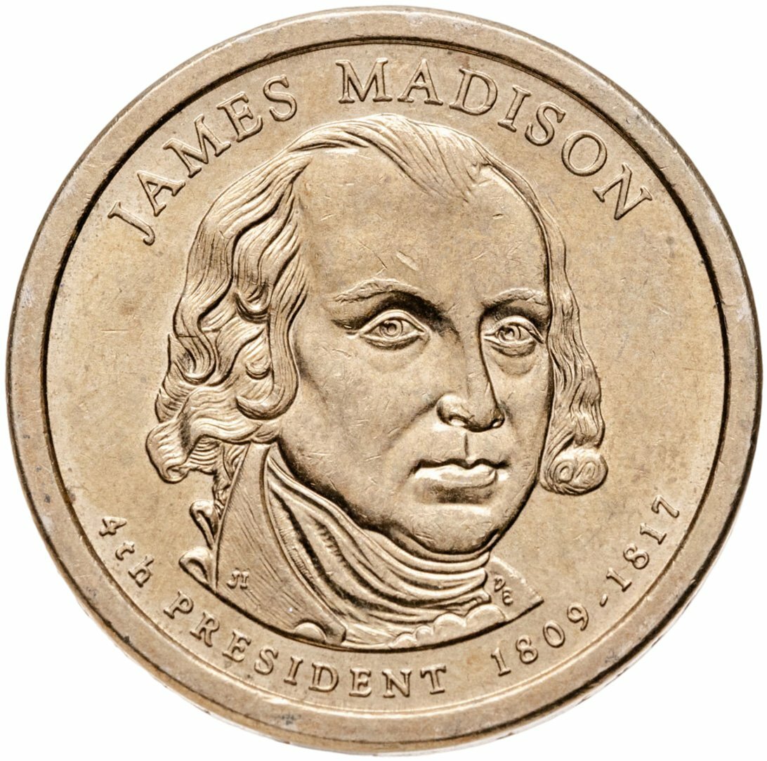 США 1 доллар dollar 2007 D "Джеймс Мэдисон 4-й президент США", Латунь, в сохранности UNC