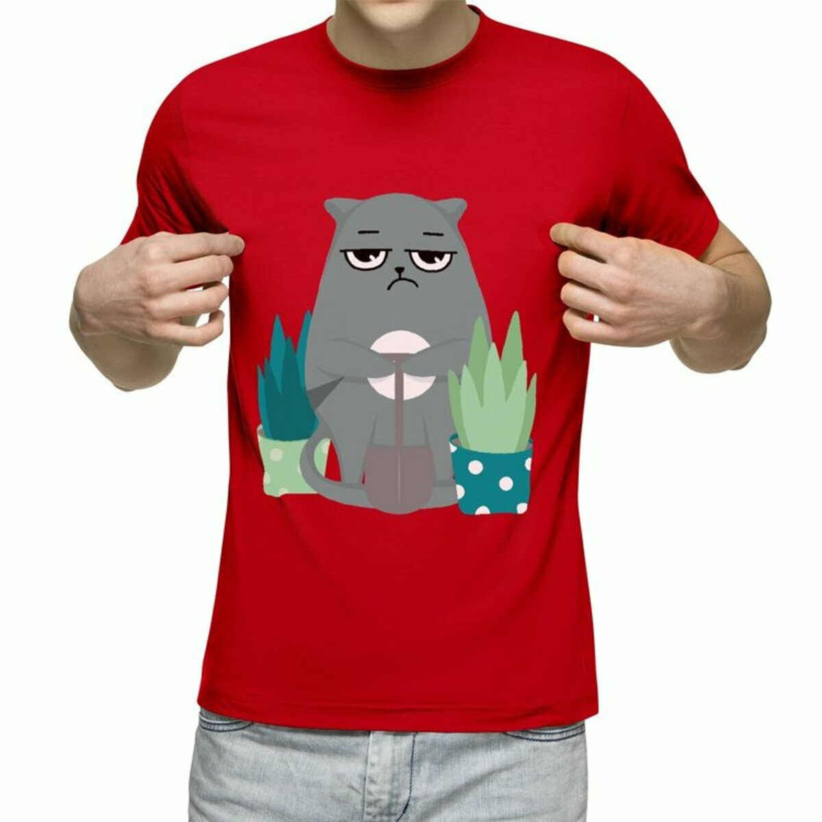 Мужская футболка «Угрюмый кот-садовник с лопатой» (красный, 2XL)
