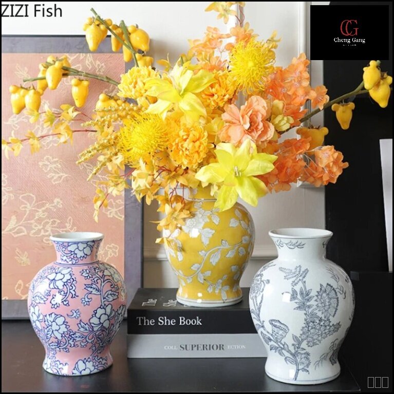 Blue and White Porcelain Vase Plant Pot Table Decoration Flowers Arrangement Multiple Styles Flower Vases Room Aesthetic Decor, E
