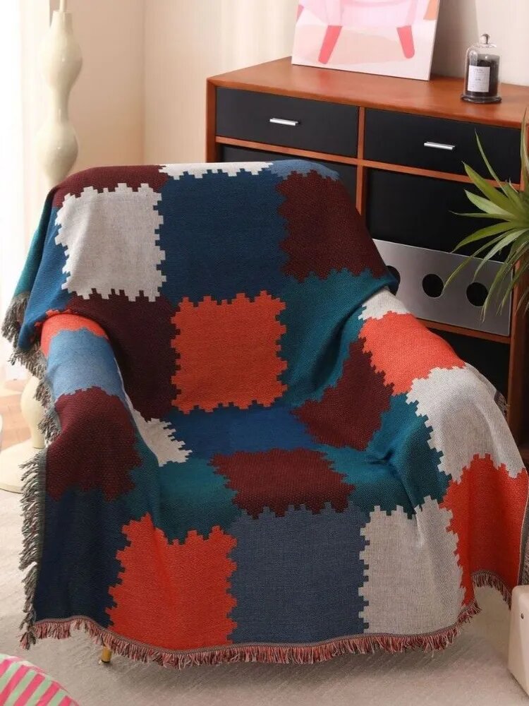 Плед пончо Patchwork, Полиэстер 180x130 см с бахромой, для дивана, пикника