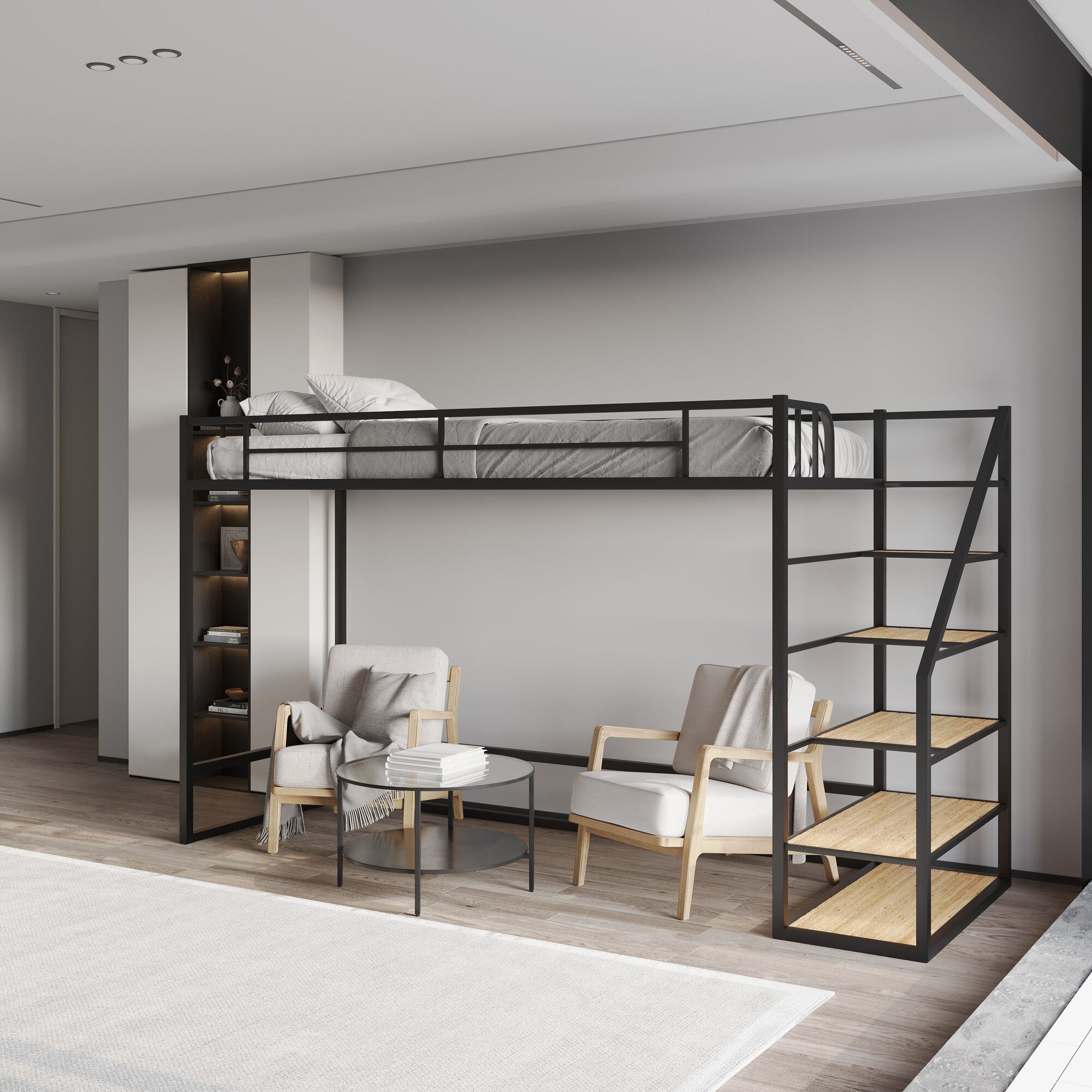 Кровать-Чердак "Костюковъ Хард для детей и взрослых", 90х200 см, черная, лофт, с лестницей и бортиком