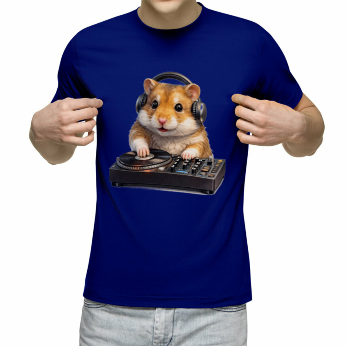 Мужская футболка «Хомяк диджей за пультом» (синий, 2XL)