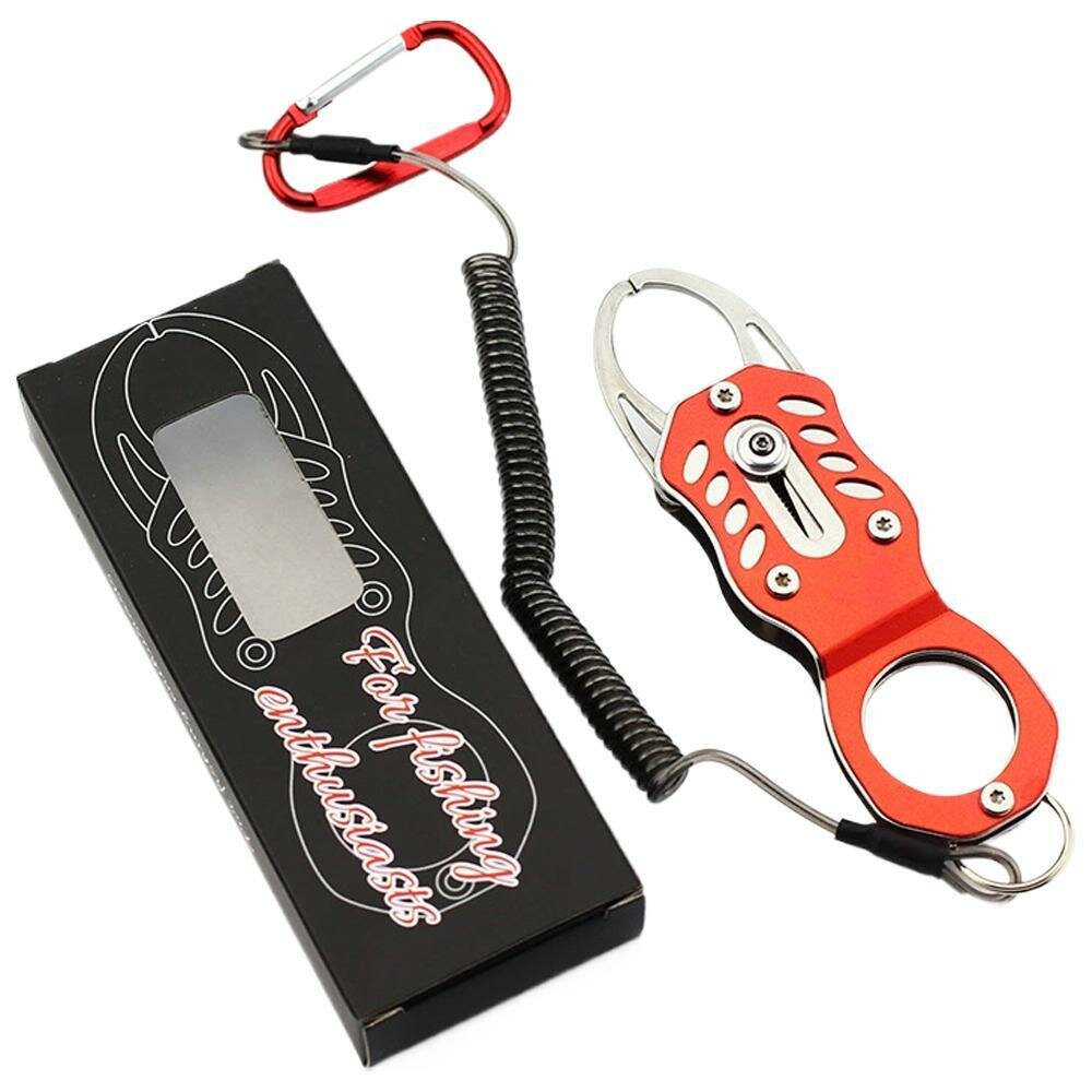 Захват челюстной Липгрип металлический нержавеющая сталь, с весами для рыбалки lipgrip красный с карабином