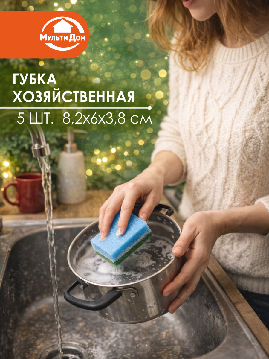 Губка для кухни хозяйственная, 5 штук, 8.2х6х3.8 см разноцветные
