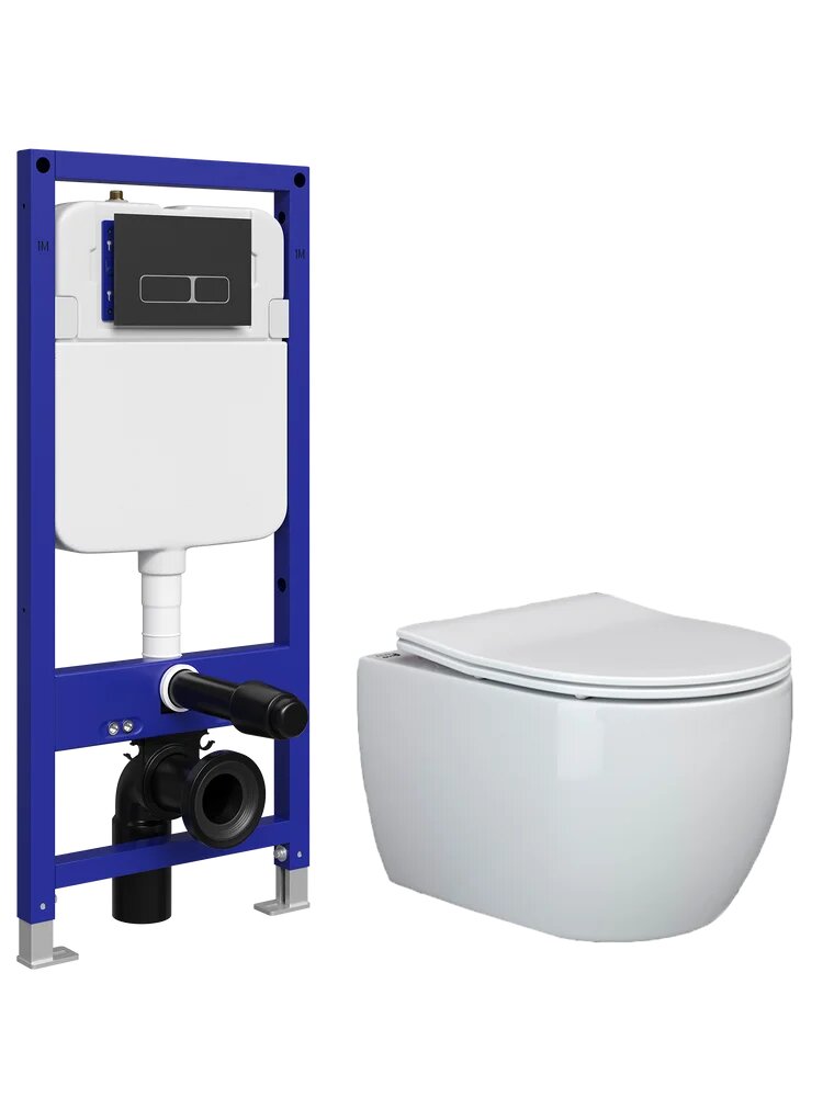 Комплект 4 в 1: Инсталляция STWORKI Кронборг S28500BK / Унитаз подвесной Ceramicanova Play CN3001 / Комплект шумоизоляции, Кнопка матовая черная