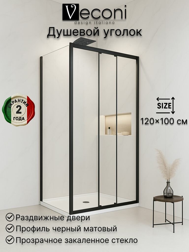 Душевой уголок Veconi Rovigo RV-028B, 120х100 стекло прозрачное, профиль черный матовый RV028B-120100-01-C8