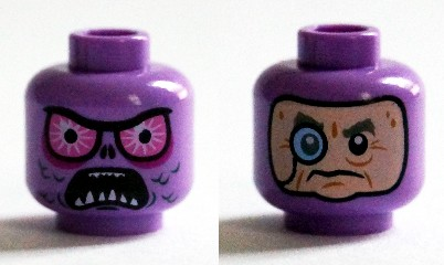 Minifigure, Head Dual Sided Alien with Bright Pink Eyes, Open Mouth with Pointed Teeth / Balaclava, Light Nougat Face with Monocle Pattern, 3626pb1384 Medium Lavender N