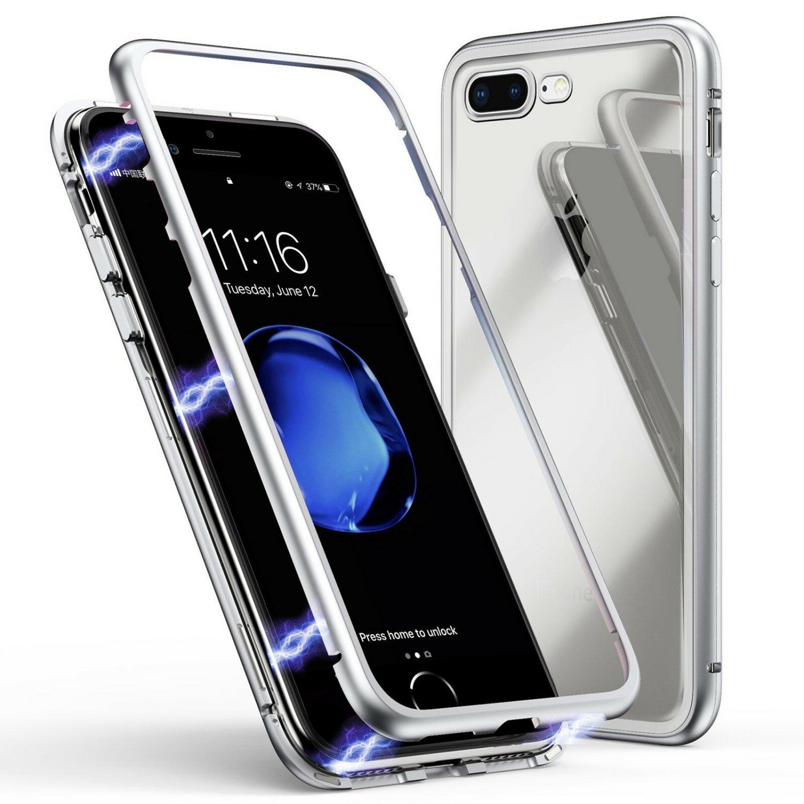 Чехол-бампер MyPads для iPhone 7 Plus и iPhone 8 Plus магнитный из металла и закаленного стекла серебристый