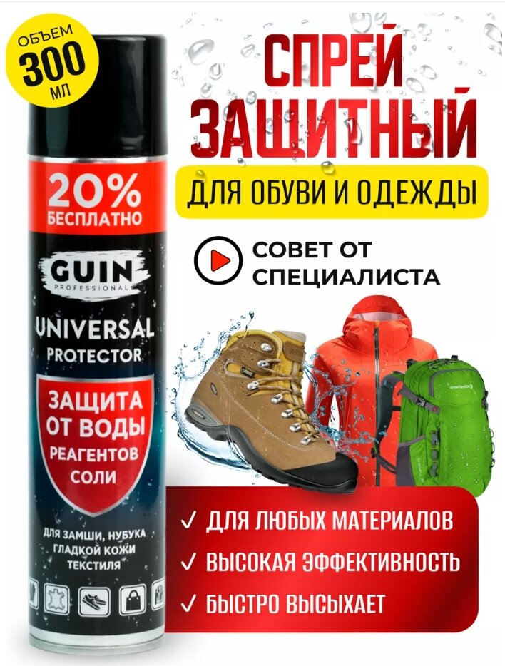 Водоотталкивающая пропитка GUIN 300 мл для обуви одежды сумок, защита от воды и грязи