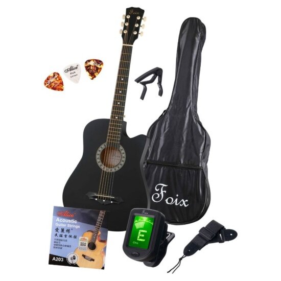 Акустическая гитара Foix FFG-2038CAP-BK-MAT, с чехлом, ремнем, тюнером, черная, матовая
