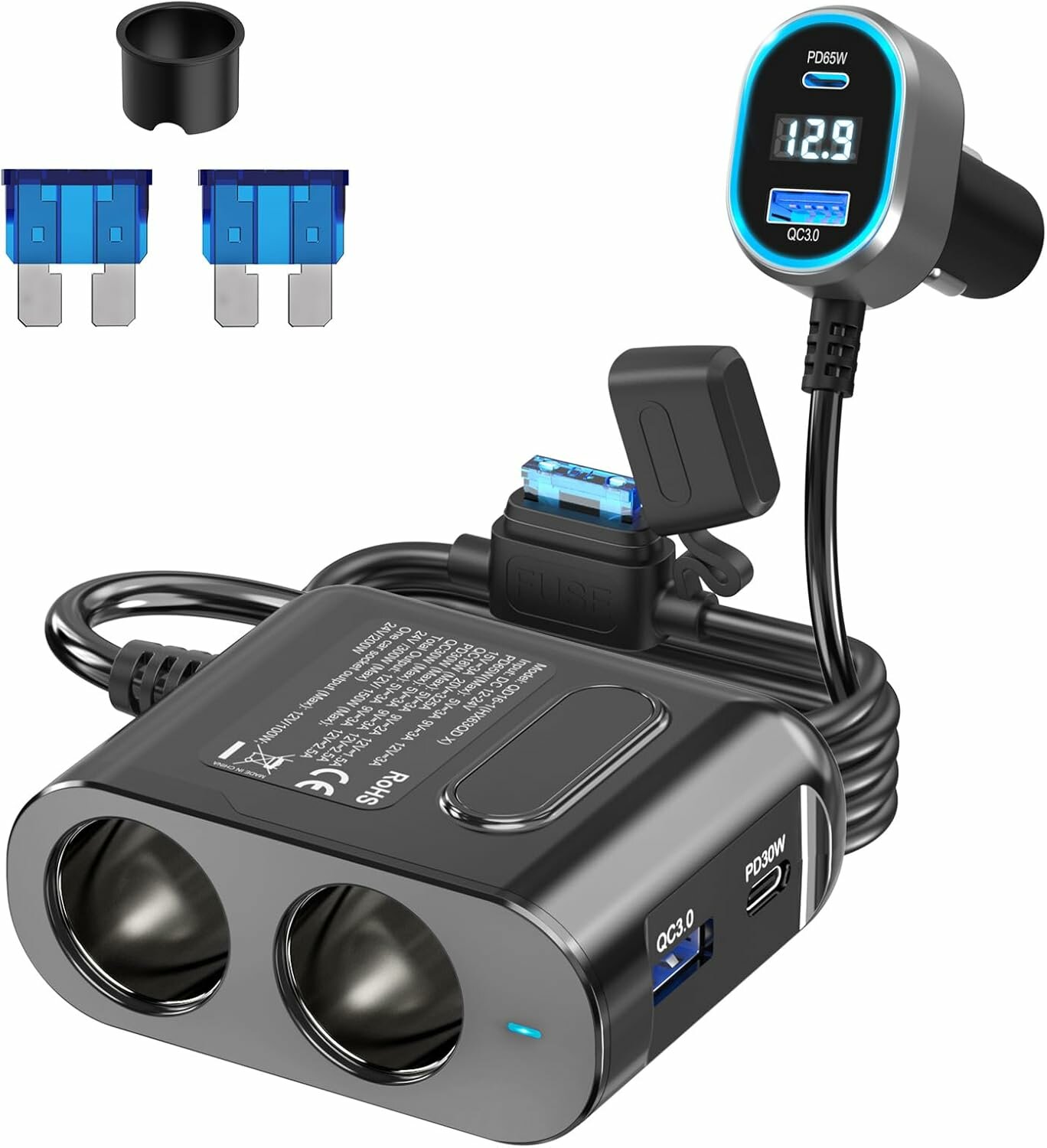 Разветвитель прикуривателя 12 В, PD 65 Вт для ноутбука: автомобильное зарядное устройство 300 Вт, адаптер с 2 розетками,