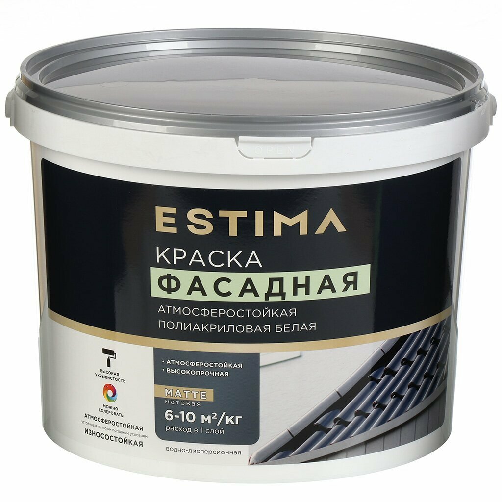 Краска фасадная Estima водно-дисперсионная полиакриловая матовая белая 13 кг для наружных работ атмосферостойкая