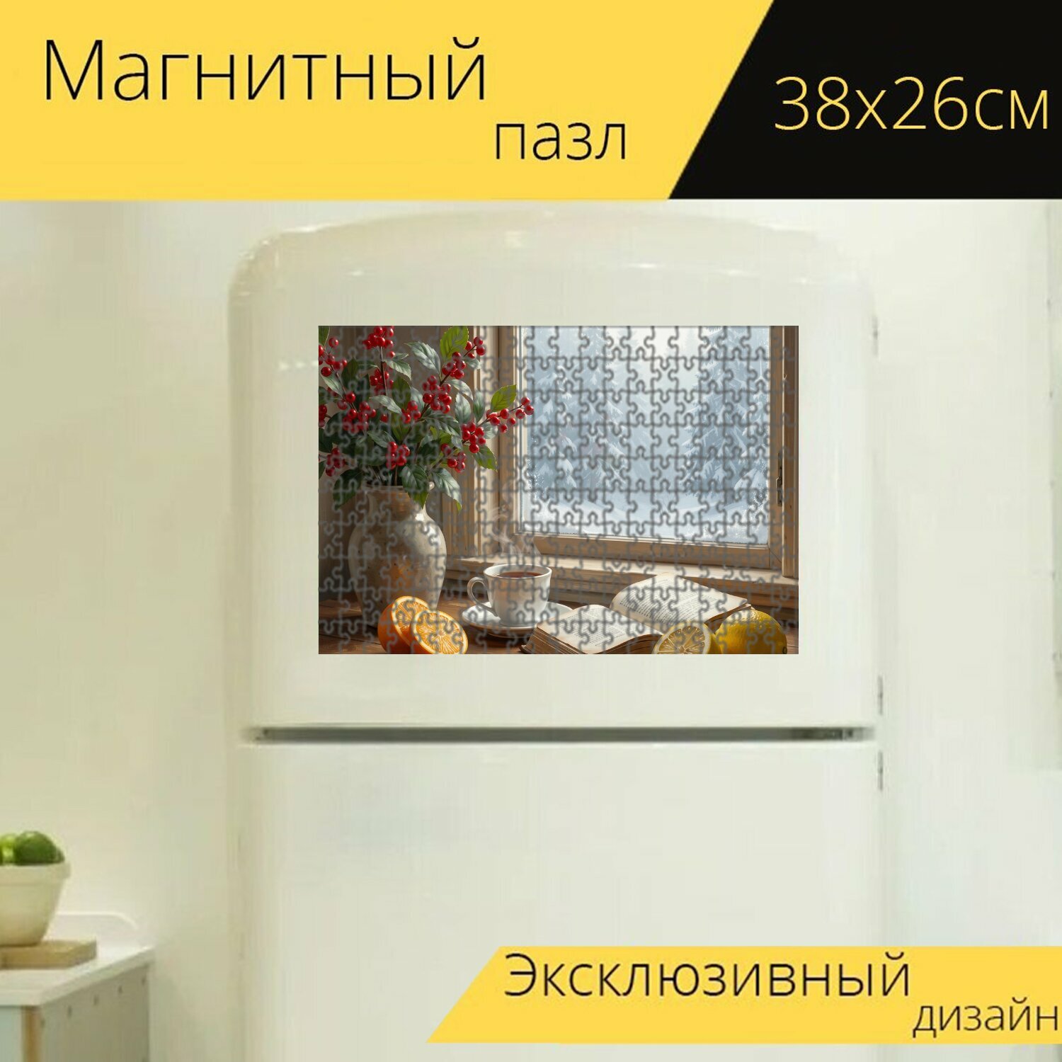 Магнитный пазл "Зимнее окно с уютным натюрмортом. Тёплый домашний интерьер у заснеженного окна: чашка горячего чая, раскрытая книга, цитрусы и ваза с." для интерьера, 38х26 см.