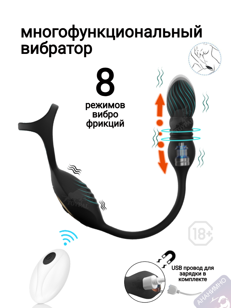 Анальная пробка с вибрацией и фрикциями с эрекционным кольцом с вибрацией для промежности и яичек управление с пульта 18+