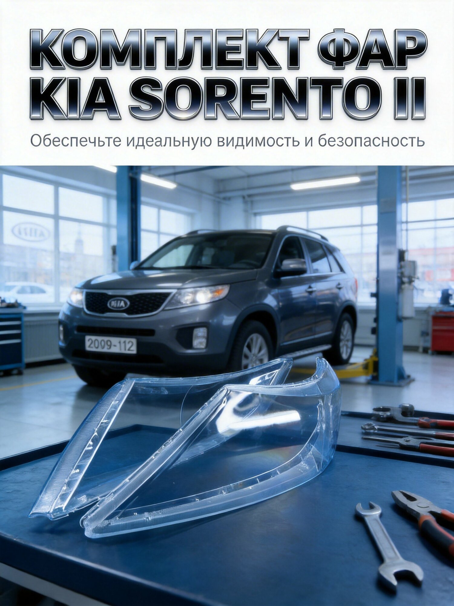Комплект стекол фар для KIA Sorento 2, 2009-2012 — оптический поликарбонат с защитным лаком, устойчивы к УФ и автохимии, точная посадка и быстрая установка