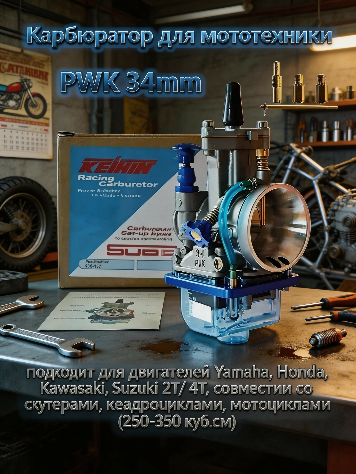 Карбюратор Keihin PWK 34 мм, для двигателей Yamaha Honda Kawasaki Suzuki 2T/4T совместим со скутерами квадроциклами и мотоциклами 250-350 куб. см