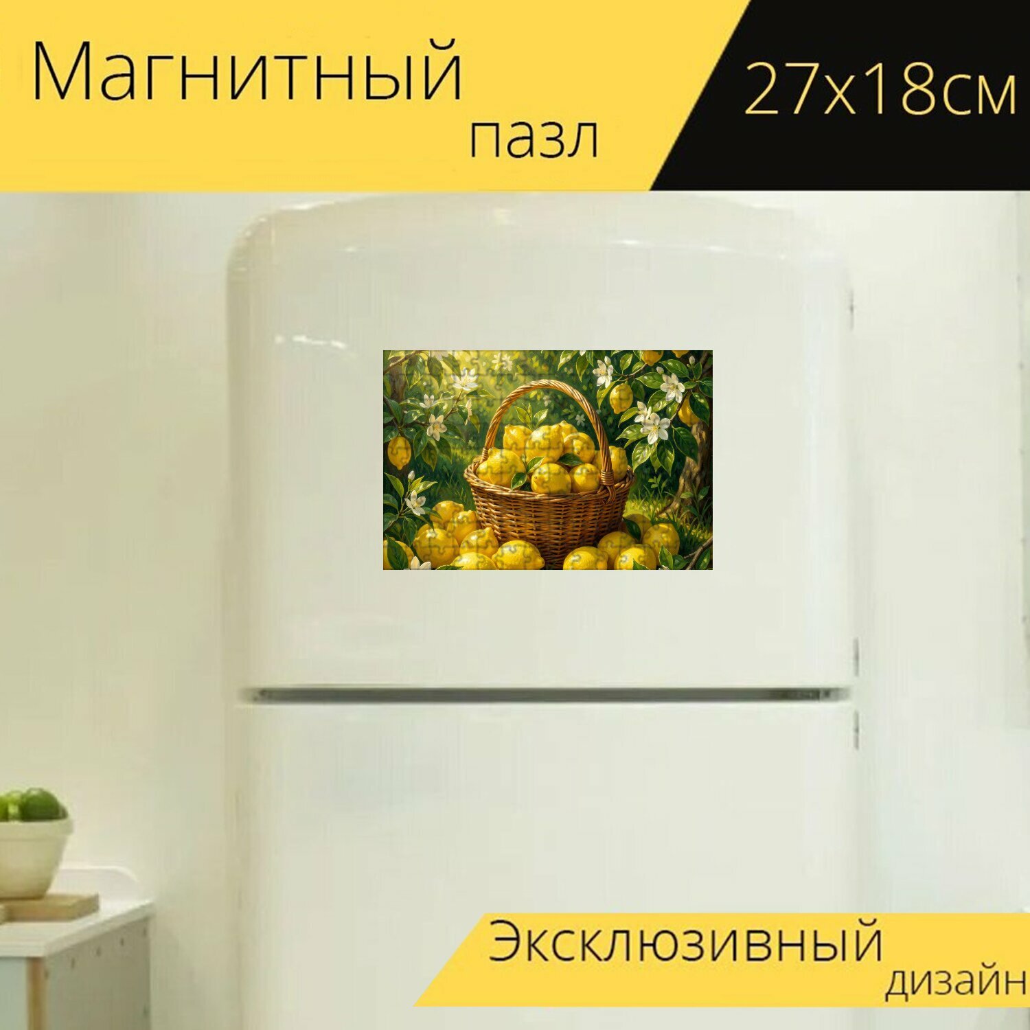 Магнитный пазл "Корзина лимонов в цветущем саду. Солнечный цитрусовый натюрморт в живописной манере: плетёное лукошко с ярко-жёлтыми плодами среди." на холодильник 27 x 18 см.