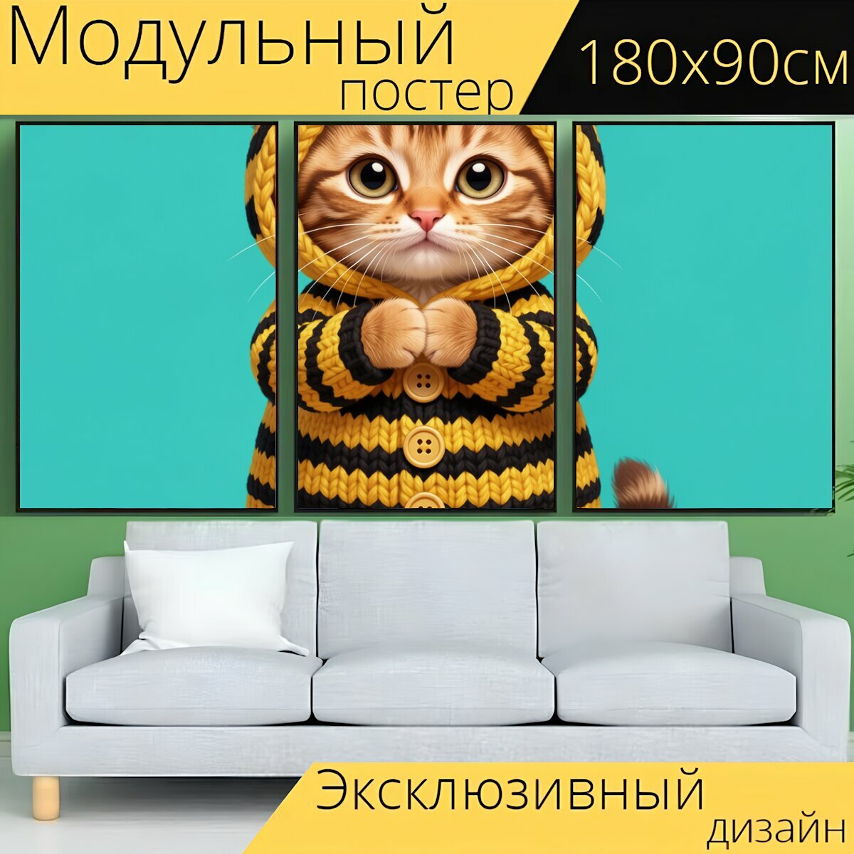 Модульный постер "Котенок в костюме пчелы. Милый рыжий питомец в вязаном полосатом комбинезоне с капюшоном и усиками, мультяшная." 180 x 90 см. для интерьера на стену в тубусе
