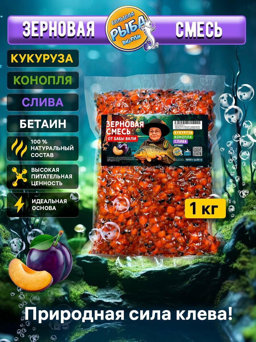 Зерновая смесь - кукуруза Слива (Кукуруза/Конопля/Слива/Бетаин), 1 кг, прикормка рыболовная, Большая рыба/BigFish, Володкович