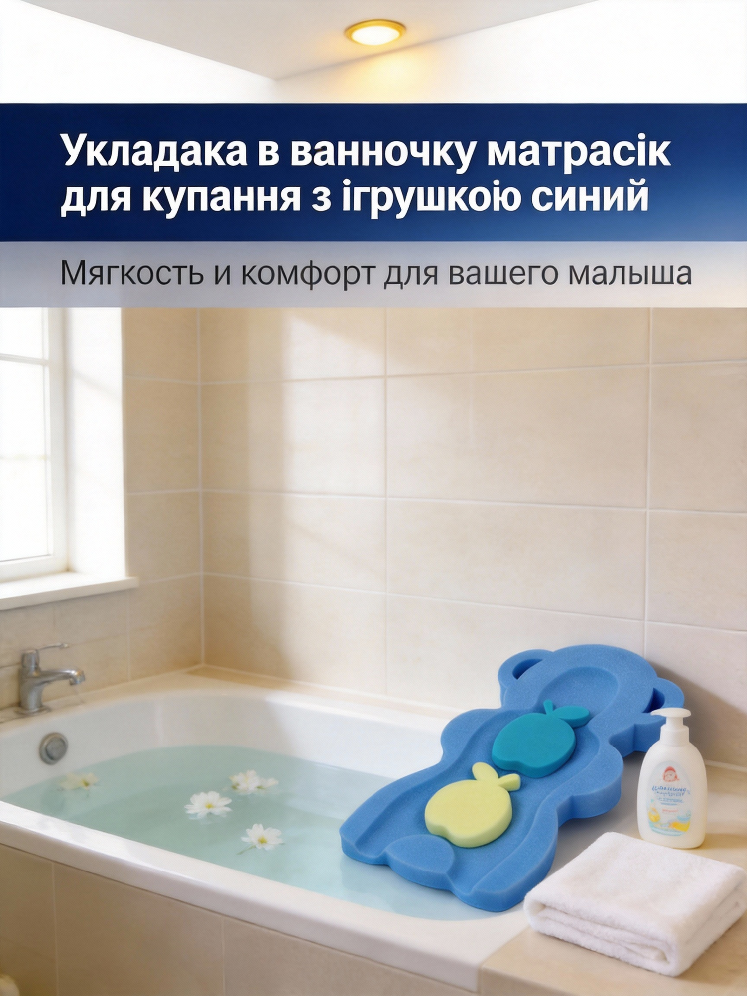 Поролоновая вкладка в ванночку с игрушками, матрасик для купания ребенка синего цвета для безопасного и комфортного купания