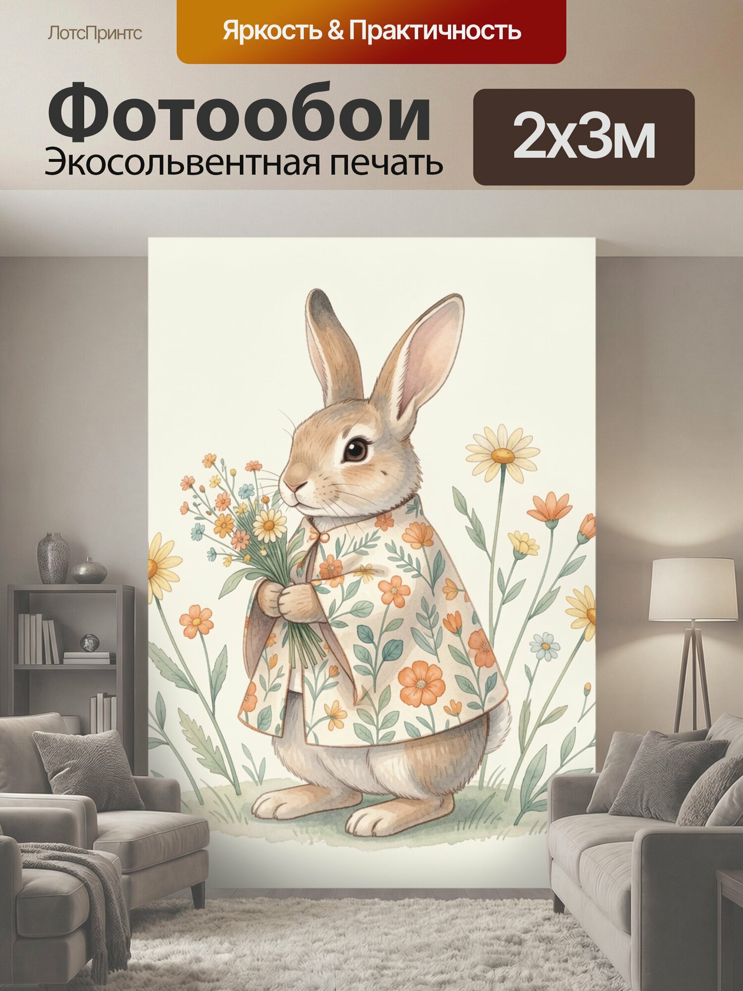 Фотообои "Зайчик в цветочном пальто. Милый кролик в нежном акварельном стиле, окружён полевыми ромашками и мелкими цветами. Пастельные оттенки." 200x300 см. экосольвентная печать