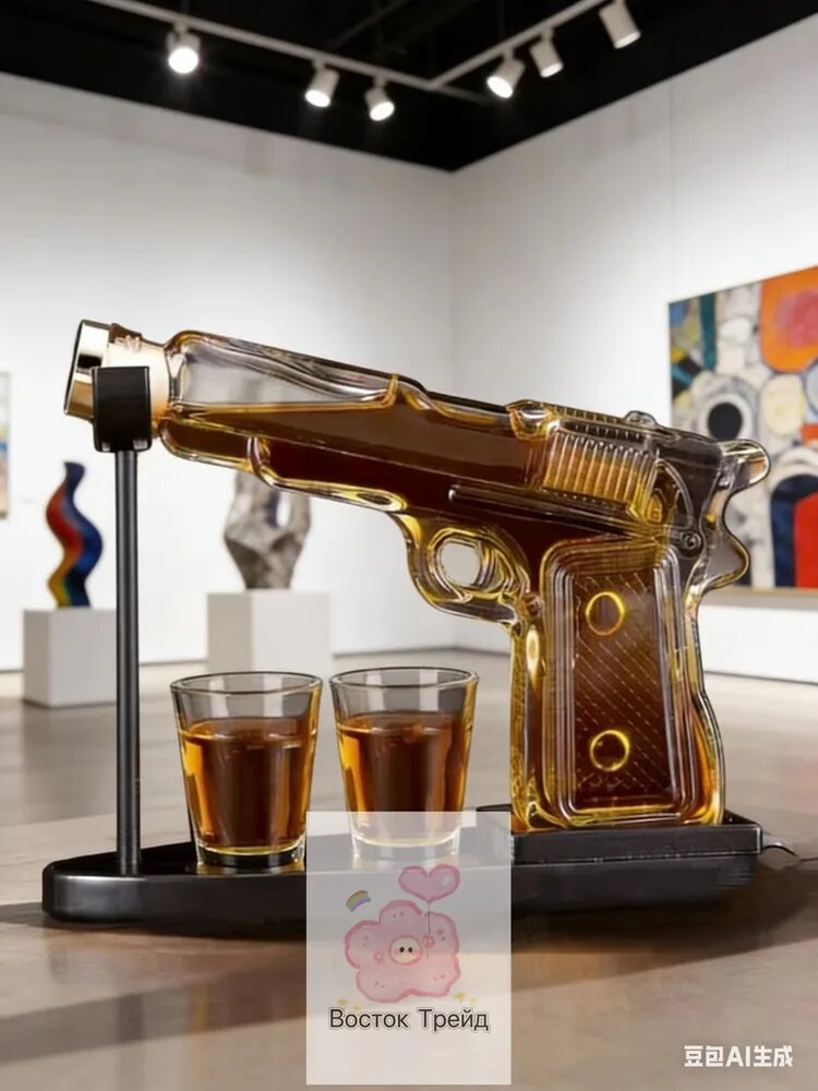 Бутылка для алкоголя в форме пистолета 0.35 л из прозрачного силикатного стекла для виски, коньяка, водки