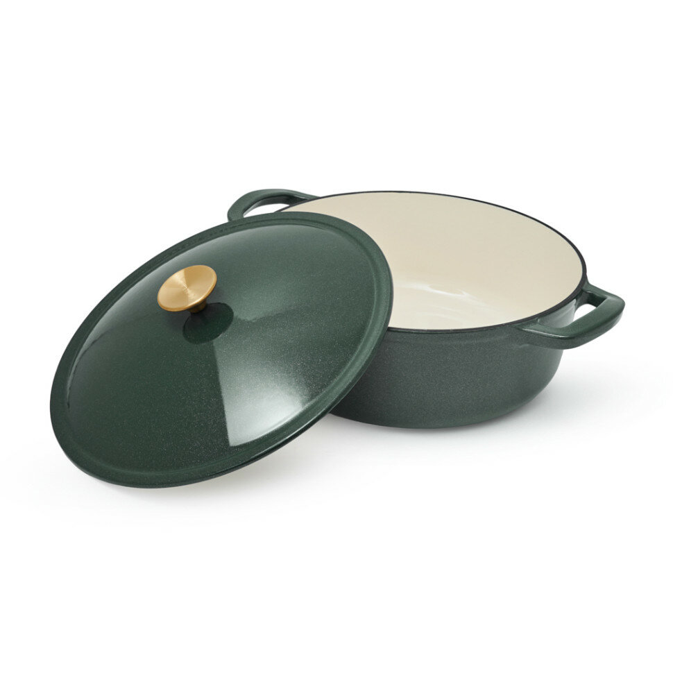 4157 FISSMAN Кастрюля Le Mans Green 30x11,2 см / 6,62 л (эмалированный чугун, внутренее покрытие-кремовая эмаль стандарта LFGB) Крышка и ручки-эмалированный чугун; Индукция