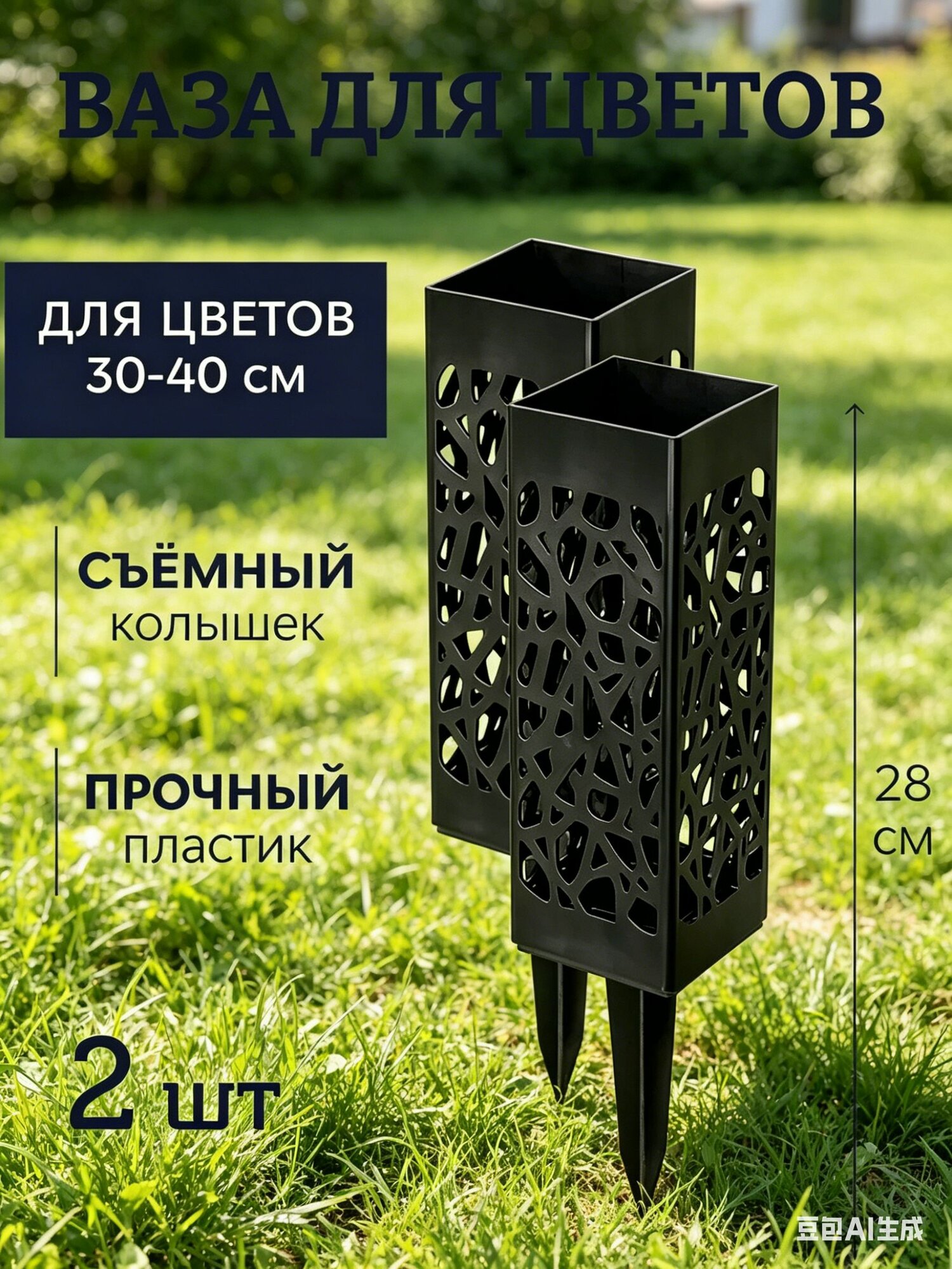 Ваза для кладбища и могилы 25 см 2 шт металлическая ритуальная живых искусственных цветов с колышком черная