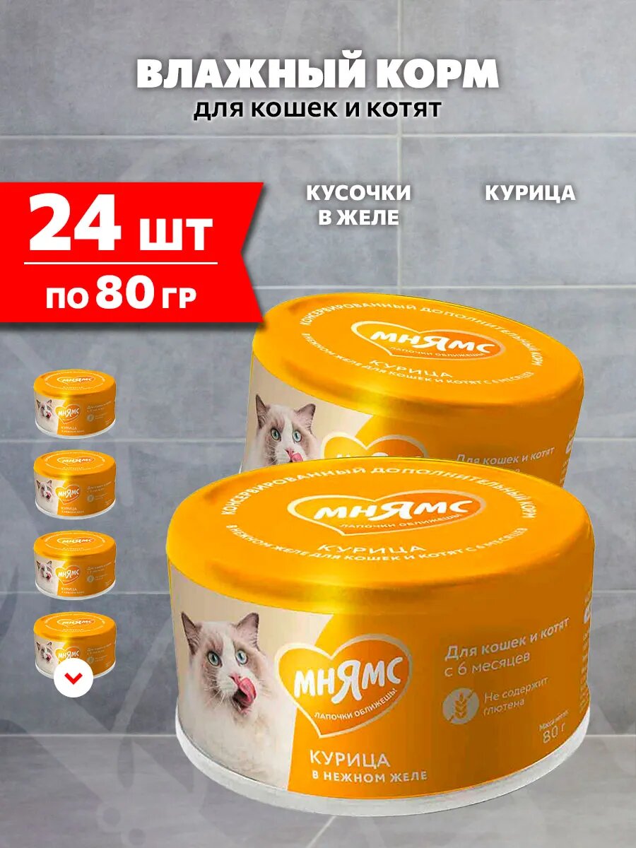 Корм влажный Мнямс для кошек и котят, курица в желе, 80 г х 24 шт