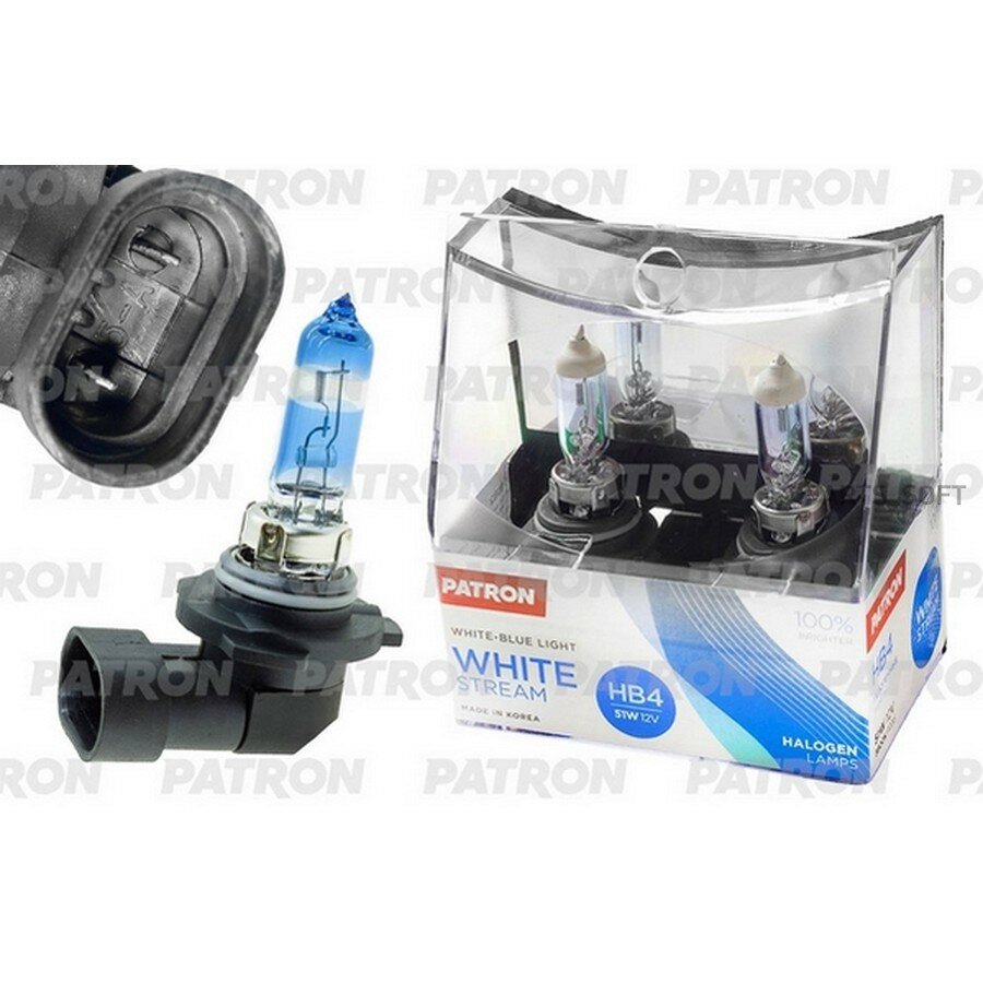 Комплект галогенных ламп коробка 2шт HB4 12V 51W 3800K P22d White Stream (+100 яркости, яркий белый от официального дистрибьютора, PATRON, артикул PLHB41251BSB2