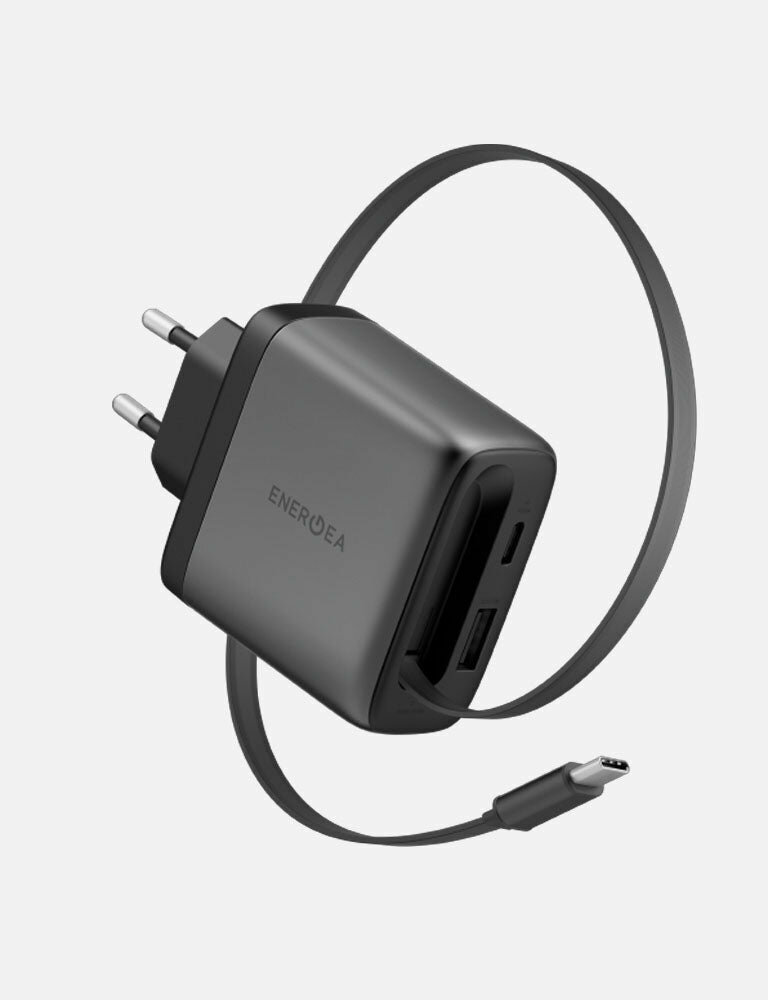 Сетевая зарядка, шнур-рулетка 70cm. EnergEA AmpCharge ARC 65 PD/PPS/QC3.0 GAN 65W - Темно-серый (Gunmetal)