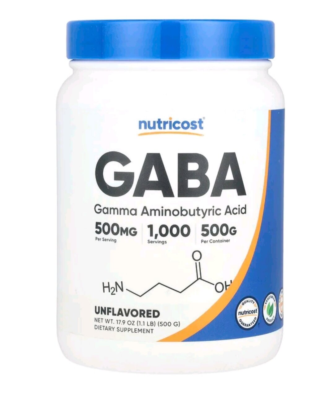 Gaba, Гамма амино бутират, 500 мг, 1000 порций, в порошке, Nutricost