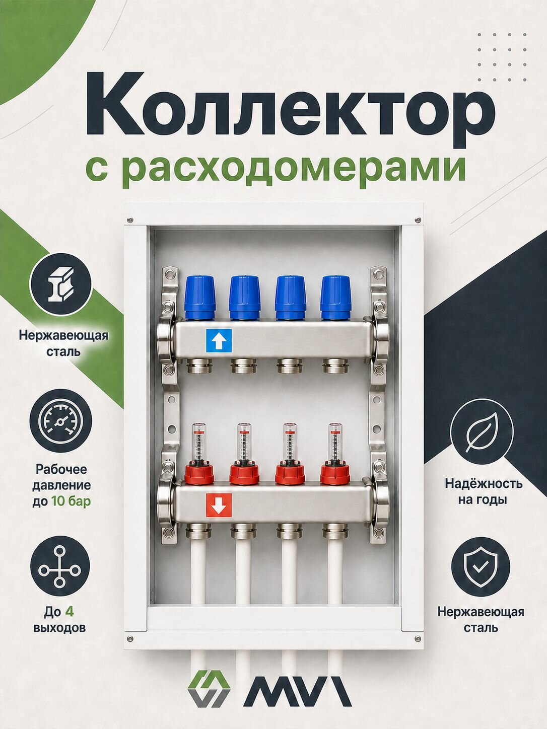 Коллектор MVI из нержавеющей стали в сборе с расходомерами 4 выхода / контура / отвода