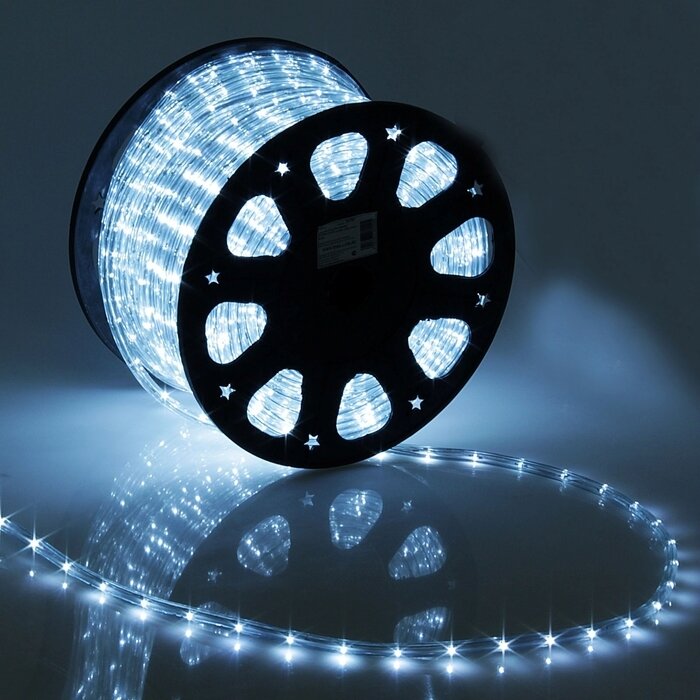 LED шнур 11 мм, круглый, 100 м, фиксинг, 2W-LED/м-24-220V, в компл. набор д/подкл, белый