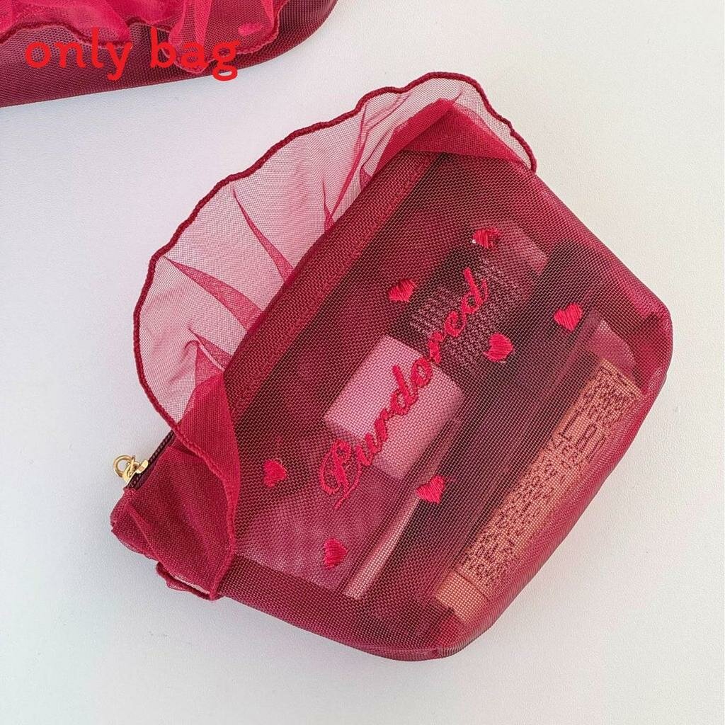 Cosmetic bag stylist ocean blue mesh for girls with embroidery and breathable design small red