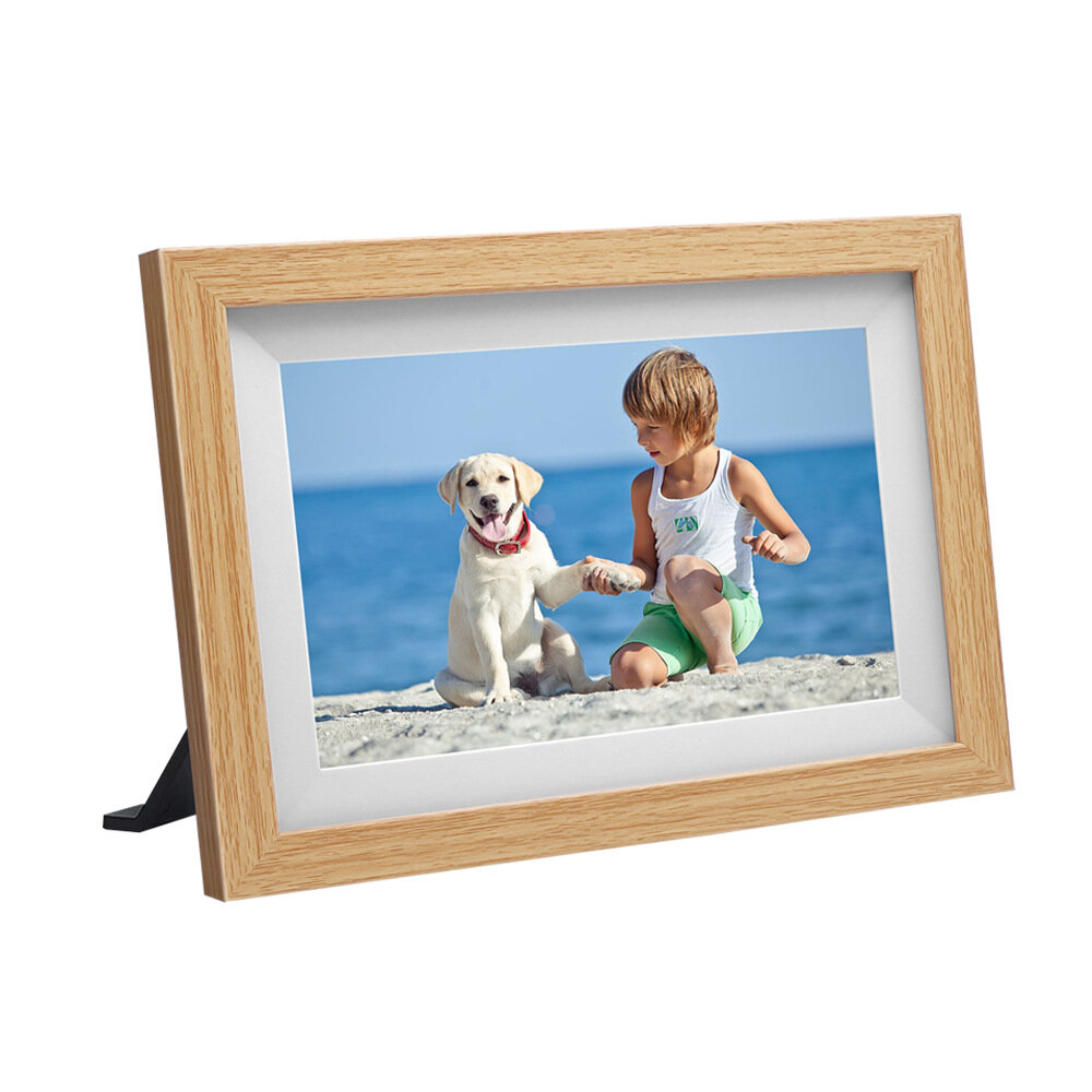 Frameo 10-дюймовый электронный фотоальбом с 32 ГБ памяти, белый цвет и натуральным деревянным рамкой, WiFi и сенсорный