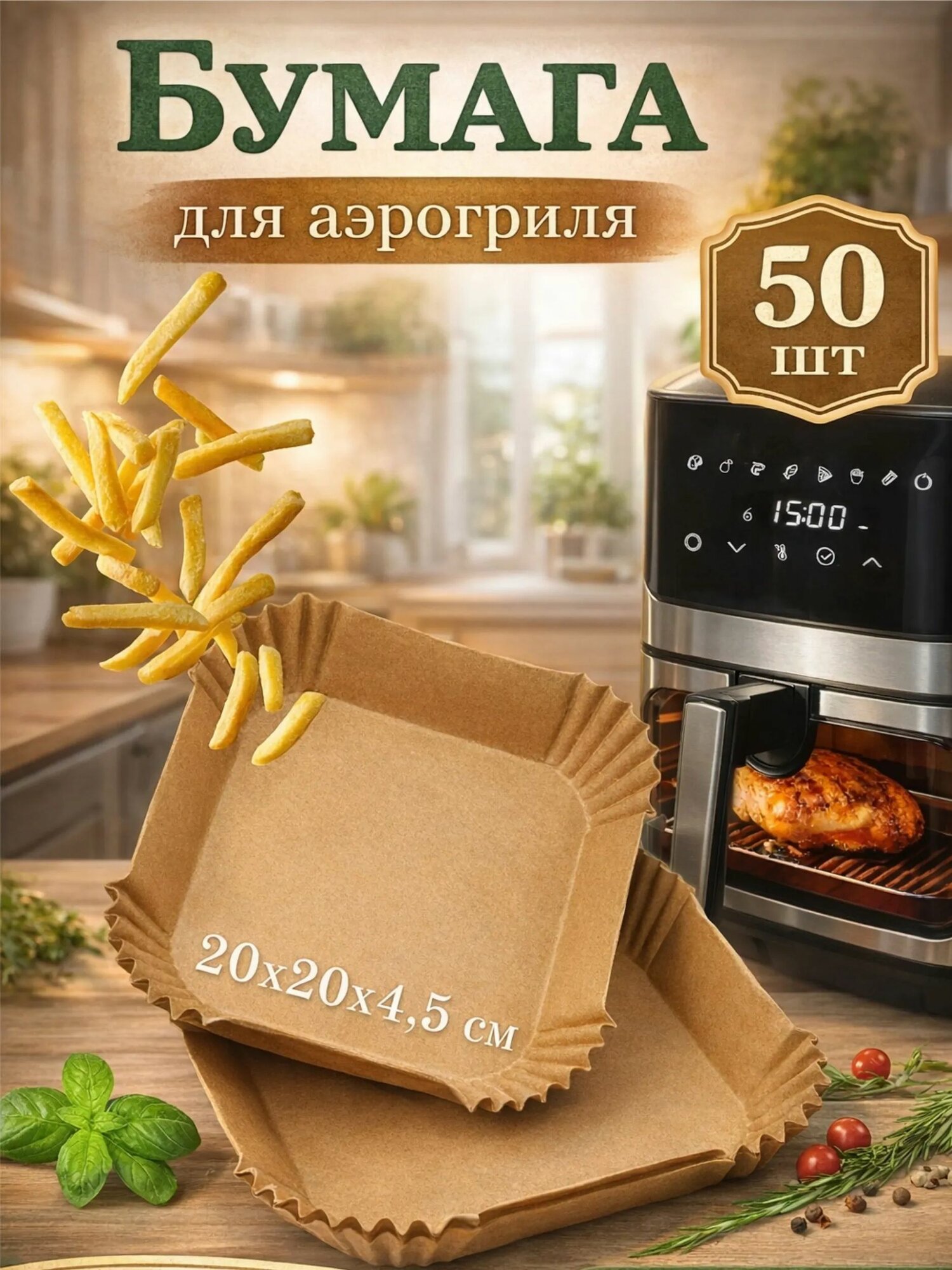 Бумага пищевая, для аэрогриля, для духовки 0.20 м х 20 см, 50 шт